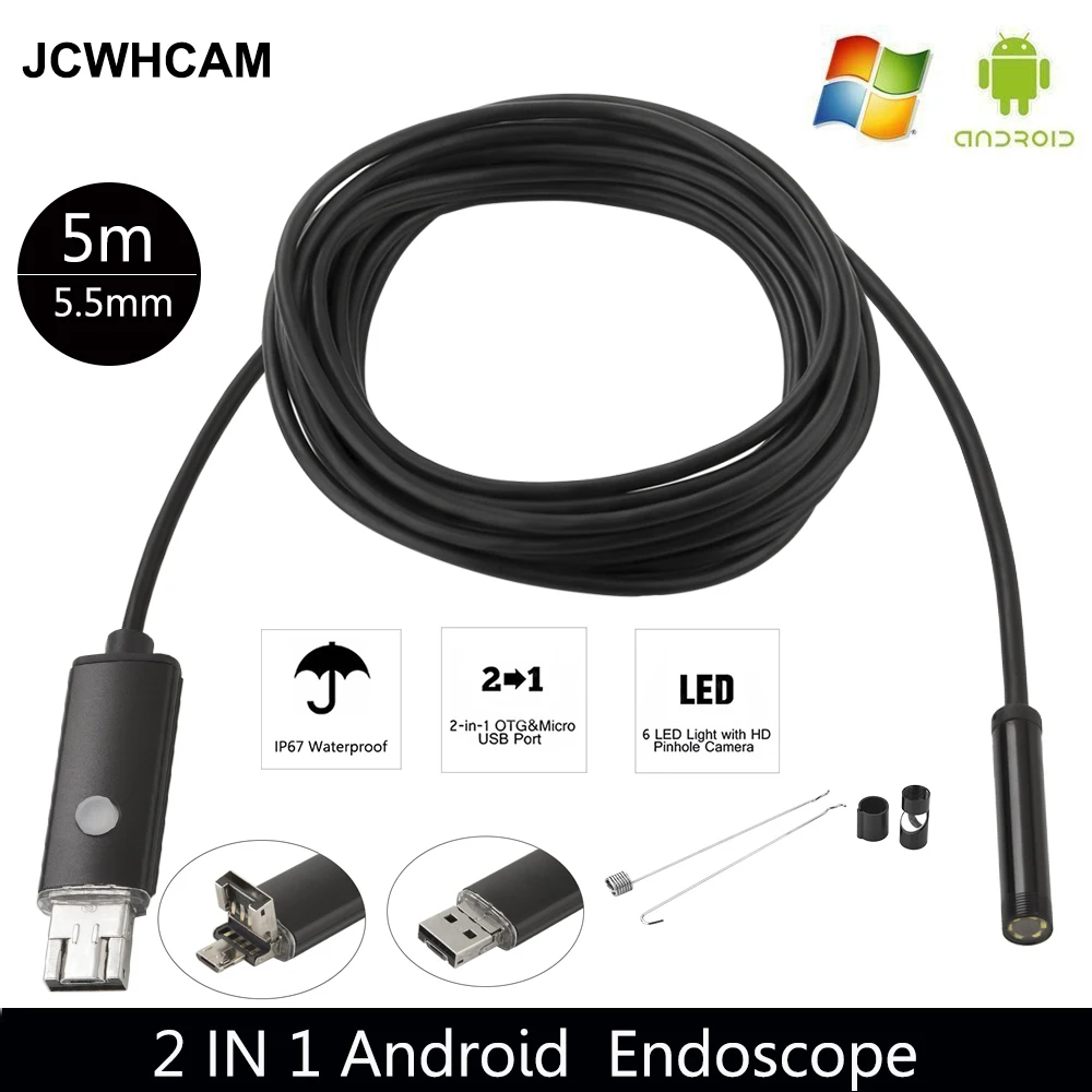 JCWHCAM Android Endoscope Camera 5M Flexible Snake Tube Inspection ...