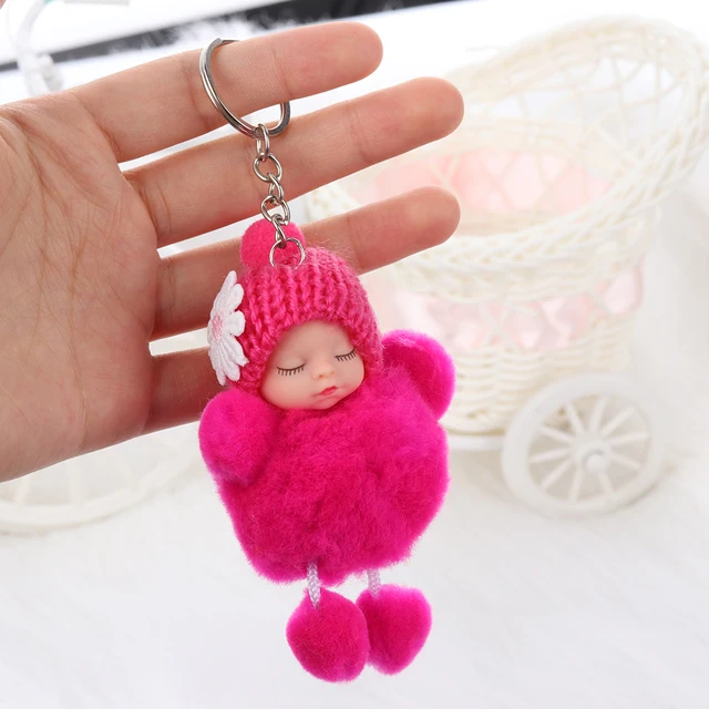 1PC Lovely Cute Sleeping Baby Doll Keychain Pompom Rabbit Fur Ball Key ...