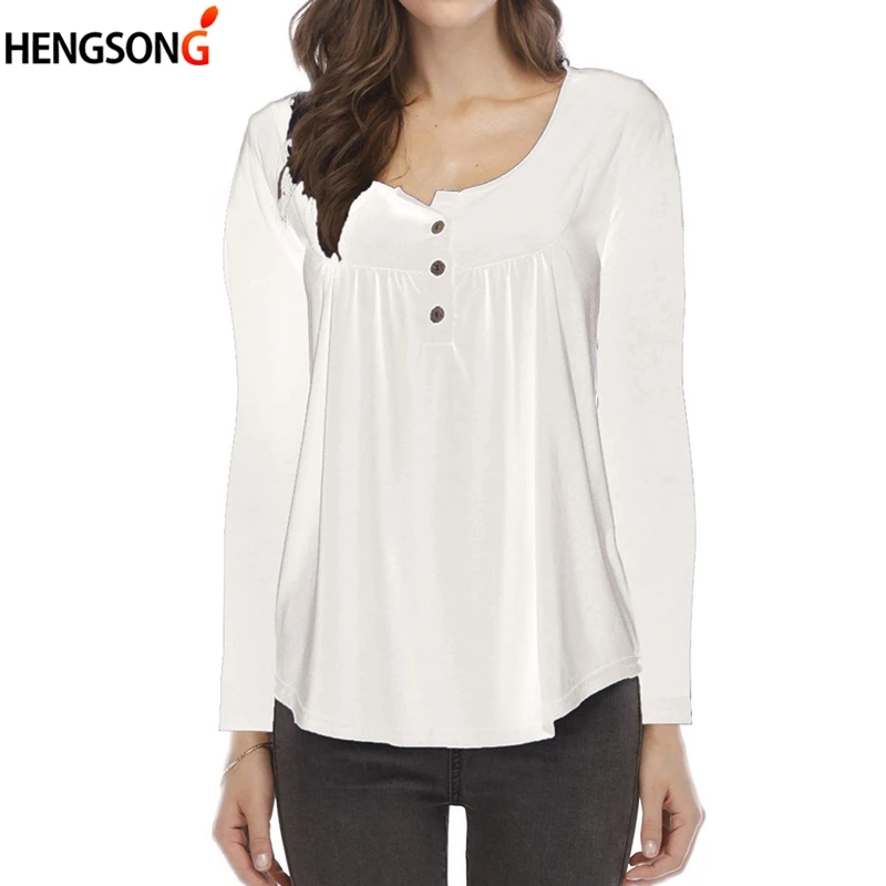 Buy Plus Size Fashion Solid Women Autumn T Shirt Pleated Button White T Shirt