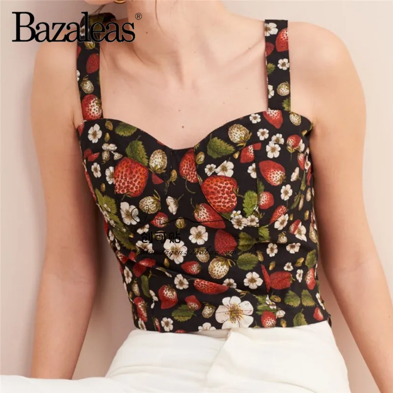 Bazaleas France Women Cropped Camis Fashion Black Strawberries Print
