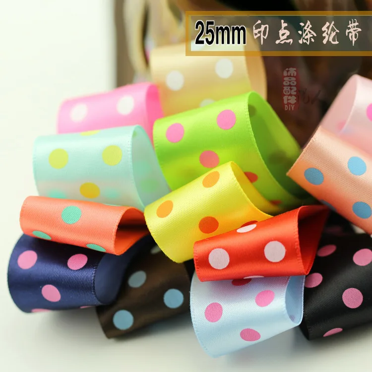 25mm Dots Polyseter Rib Ribbon Single Face Satin Ribbon DIY Manual Hair ...