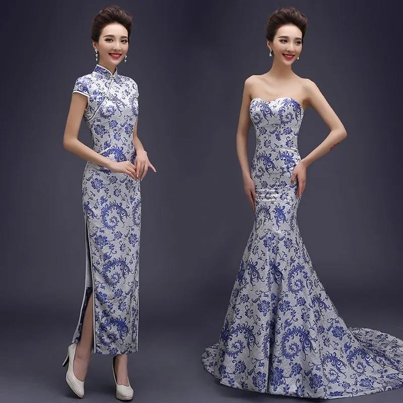Satin Embroidery Sexy High Slit Long Cheongsam Chinese Traditional Cheongsam Dresses Blue And
