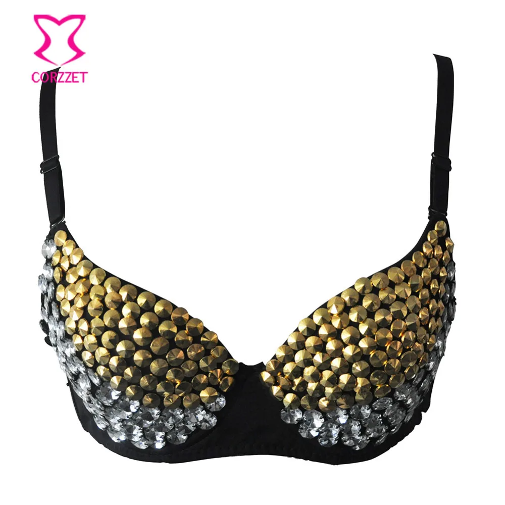 White-Crystal-Gem-Beads-Gold-Rivets-Punk-Rock-Sexy-Bralette-Bras-For ...