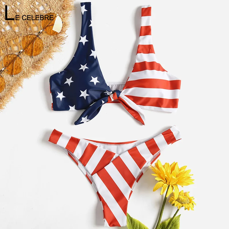 2019 Sexy Knot Bikini Set Flag Women Swimwear Brazilian Bikini Thong