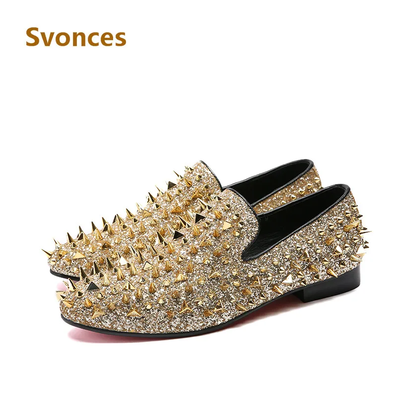 Luxury Shinny Mens Shoes Glitter Gold Black Spikes Shoes New Factory ...