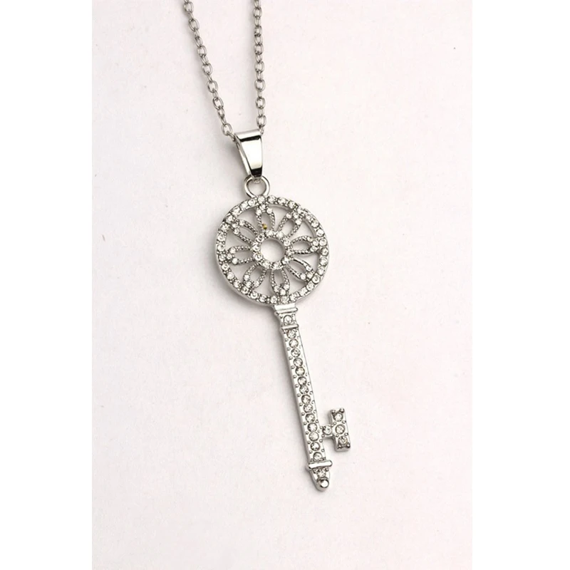 Full Crystal Silver Key Pendant Long Chain Women Fashion Necklace ...