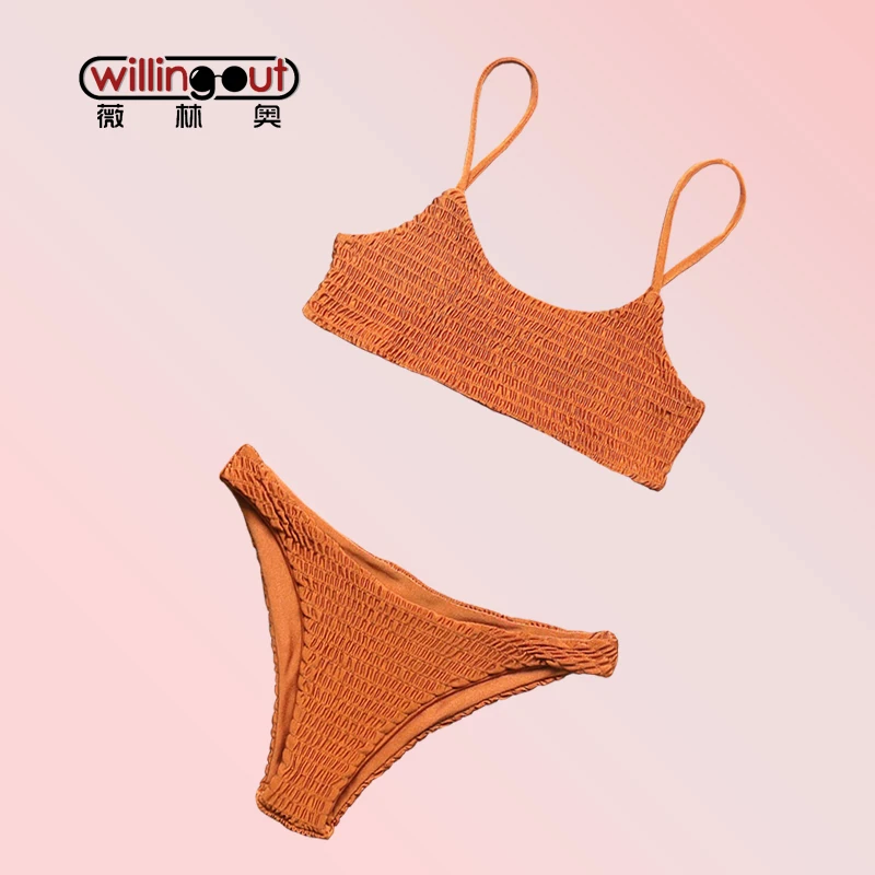 Orange Color Plicated Design Bikinis Set Unpadded Comfortable Swimwear ...