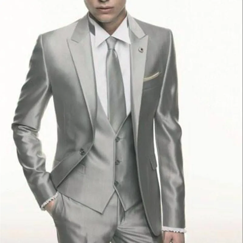 Prata cinza cetim casamento masculino terno formal magro elegante ...