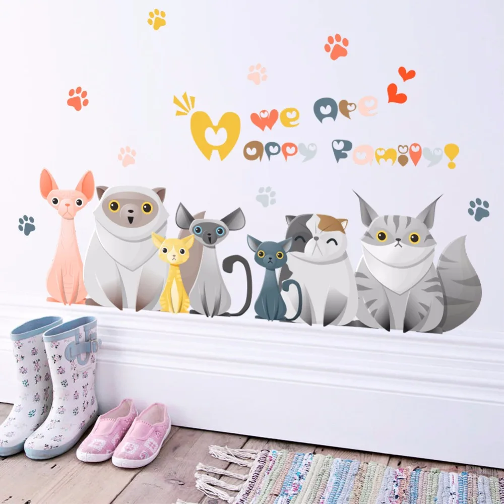 Nordic Cartoon Cats Wall Stickers for Kids room Living room Bedroom ...