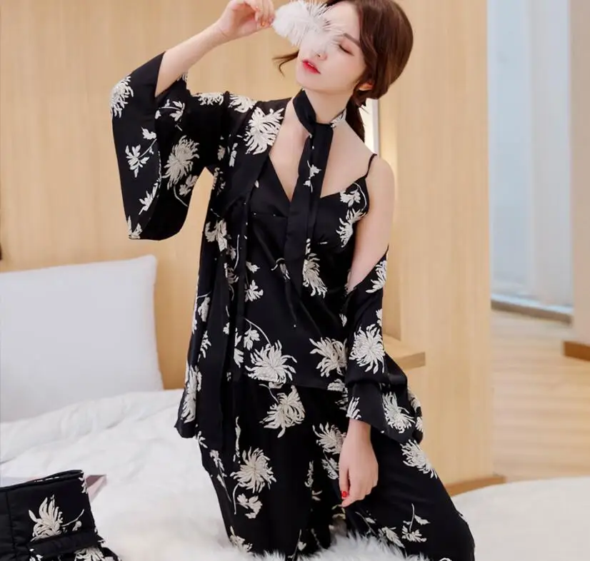spring sexy women's robe & gown sets bathrobe three pieces silk ...