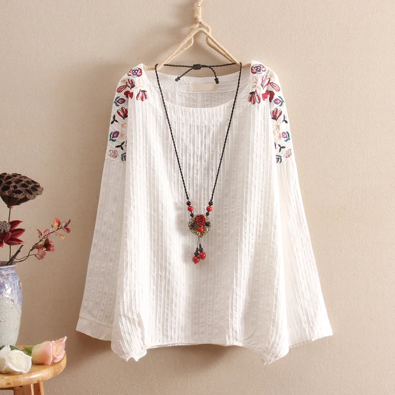 Wild Long Sleeve White Loose Plus Size Xxxl Women's Vintage Embroidered ...