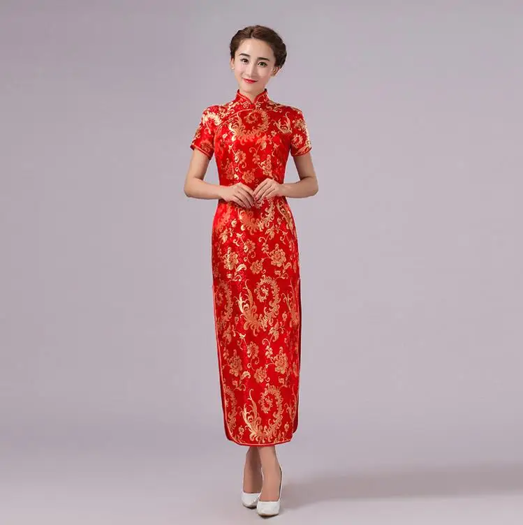 New Arrival Women Red Long Qipao Cheongsam Chinese Traditional Silk ...