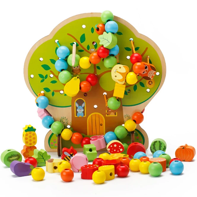 wooden toys Cartoon Tree Fruit Animals Block Stringing Threading Beads ...