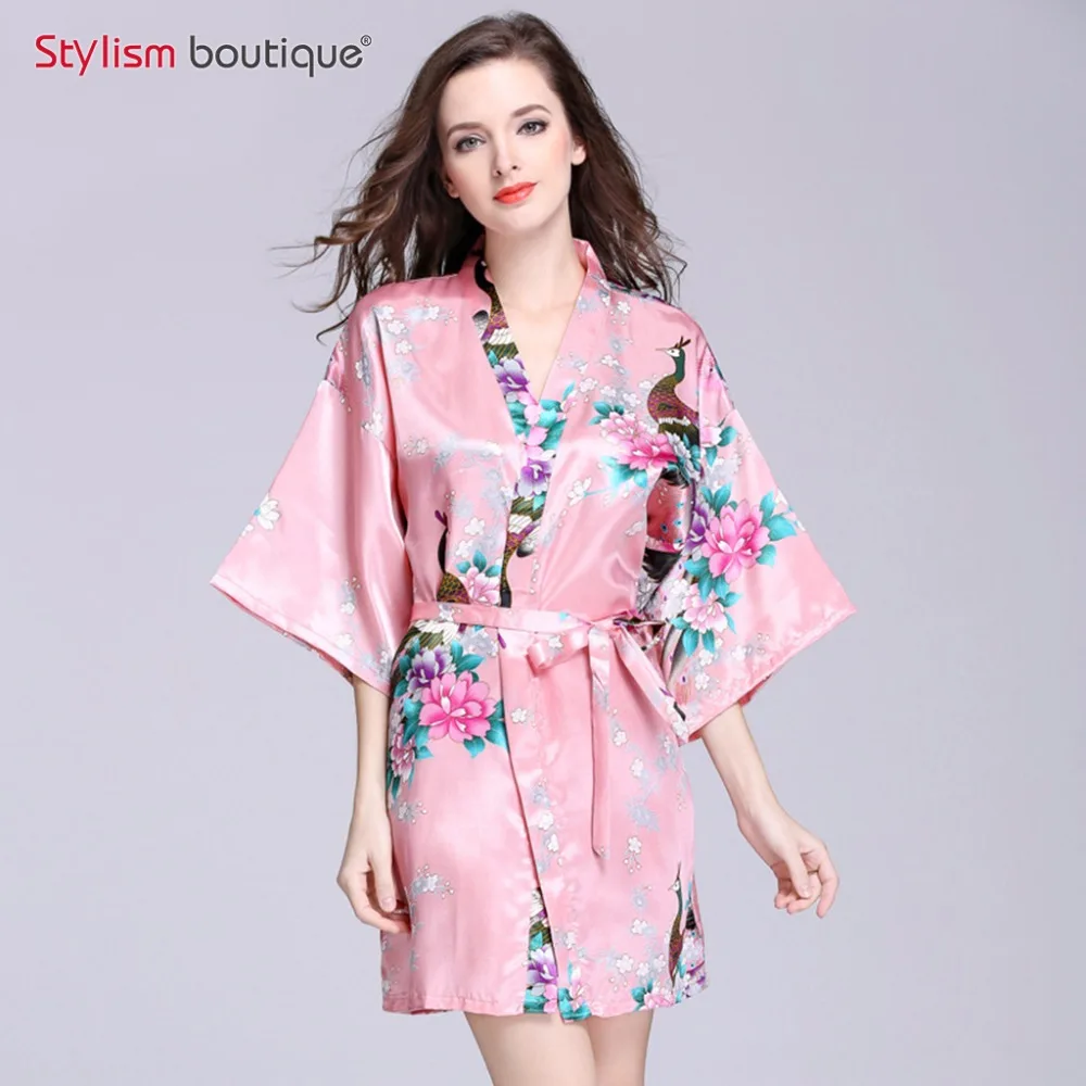 Sexy Silk Satin Robe Floral Bathrobe Short Kimono Robe Night Robe Bath