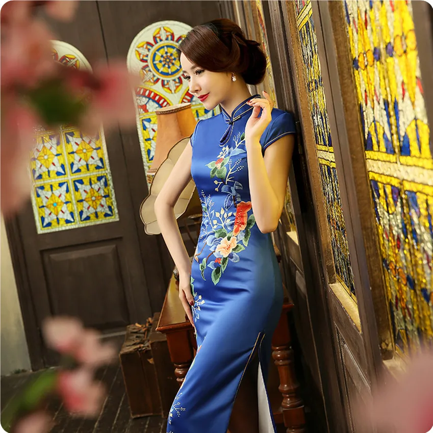 2017 Ladies Cheongsam Qipao Slim Long Dress Chi Pao Silk One piece ...