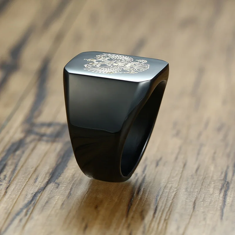 Black Men's Square Cushion Signet Ring with Engraving National Symbols ...