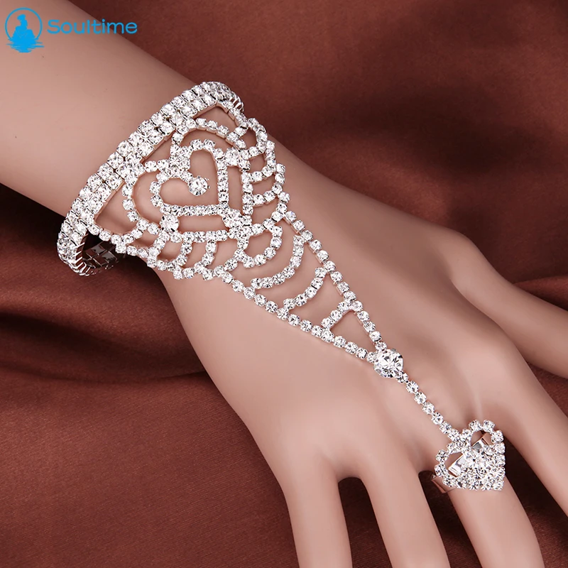 Gorgeous Rhinestone Bracelet Bangle Connected Finger Ring Gold Color ...