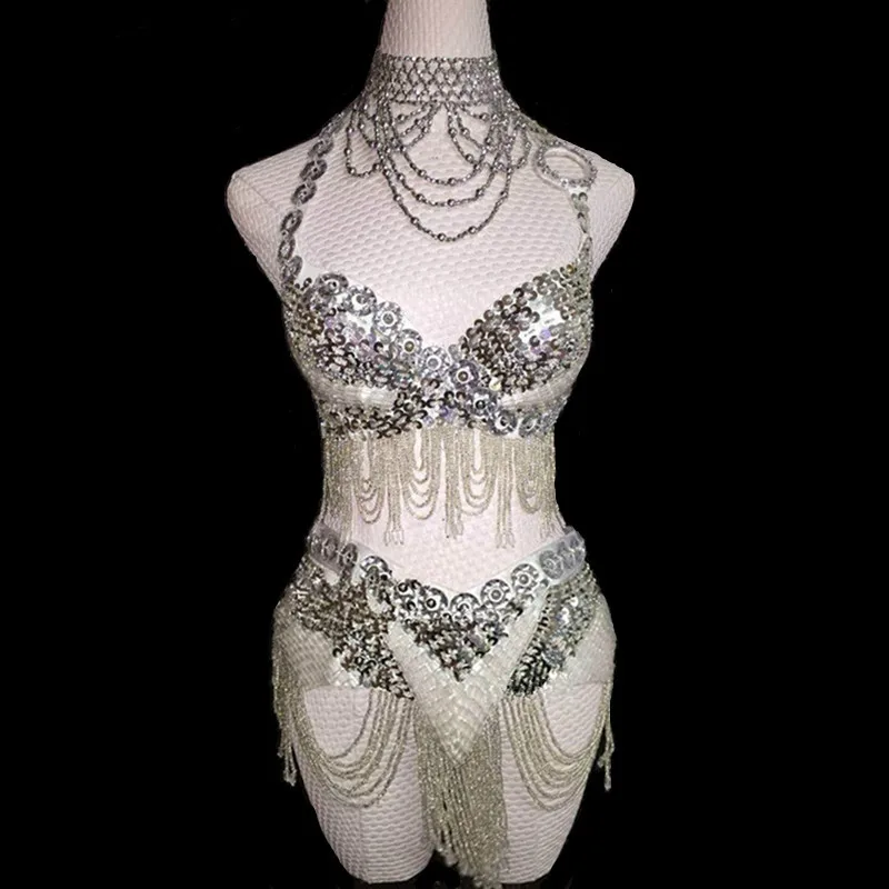 Dj Ds Shining Rhinestone Bikini Outfit Women Sexy Party Costumes Bra
