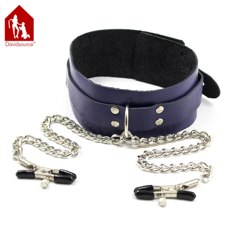Davidsource Purple Genuine Leather Collar With Pull Ring And Pin Nipple