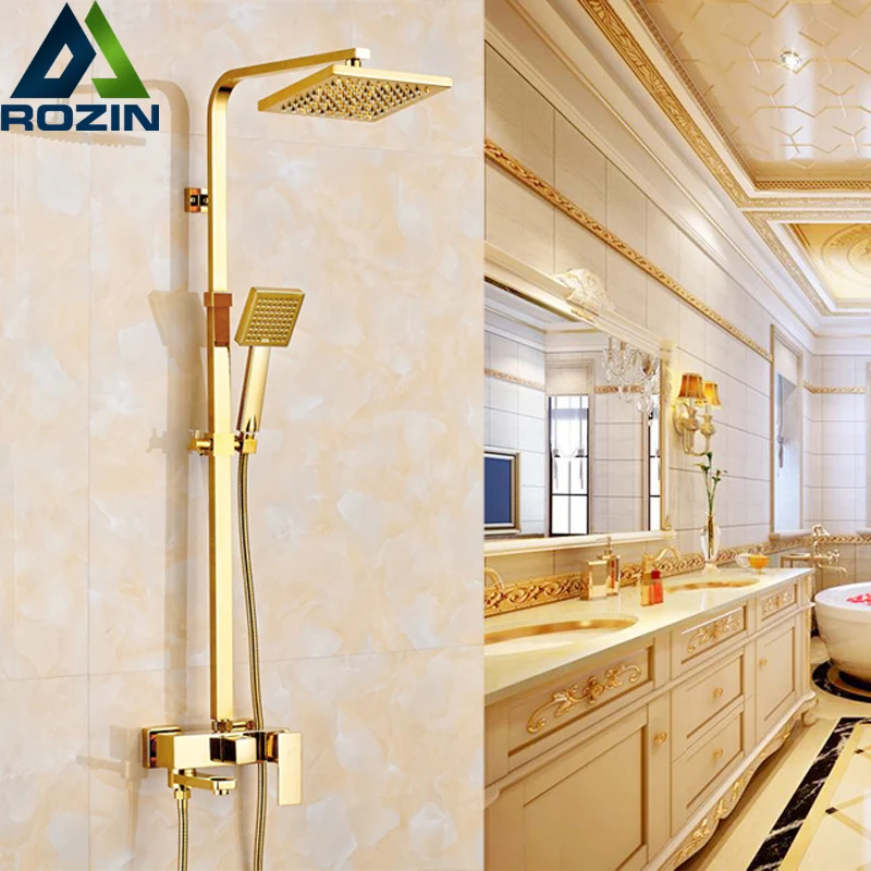 Golden Bath Shower Mixers 8" Rainfall Shower Faucet Set Wall Mounted with Hand Shower Bathroom ...