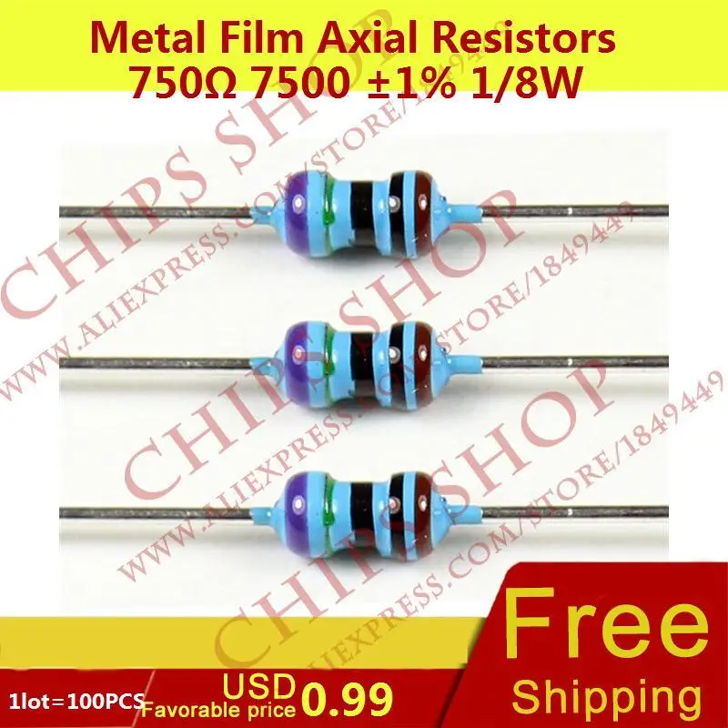 1LOT=100PCS Metal Film Axial Resistors 750ohm 7500 1% 1/8W 0.125W 1/8W ...