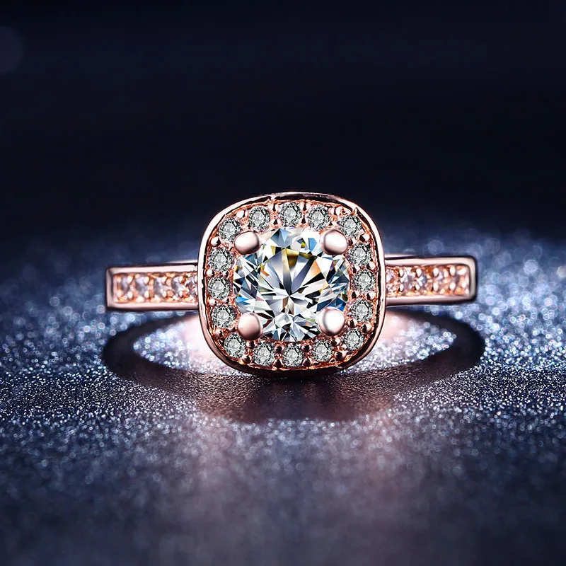 Rose 585 Gold Color Square Wedding Rings For Women Fashion CZ Stone ...