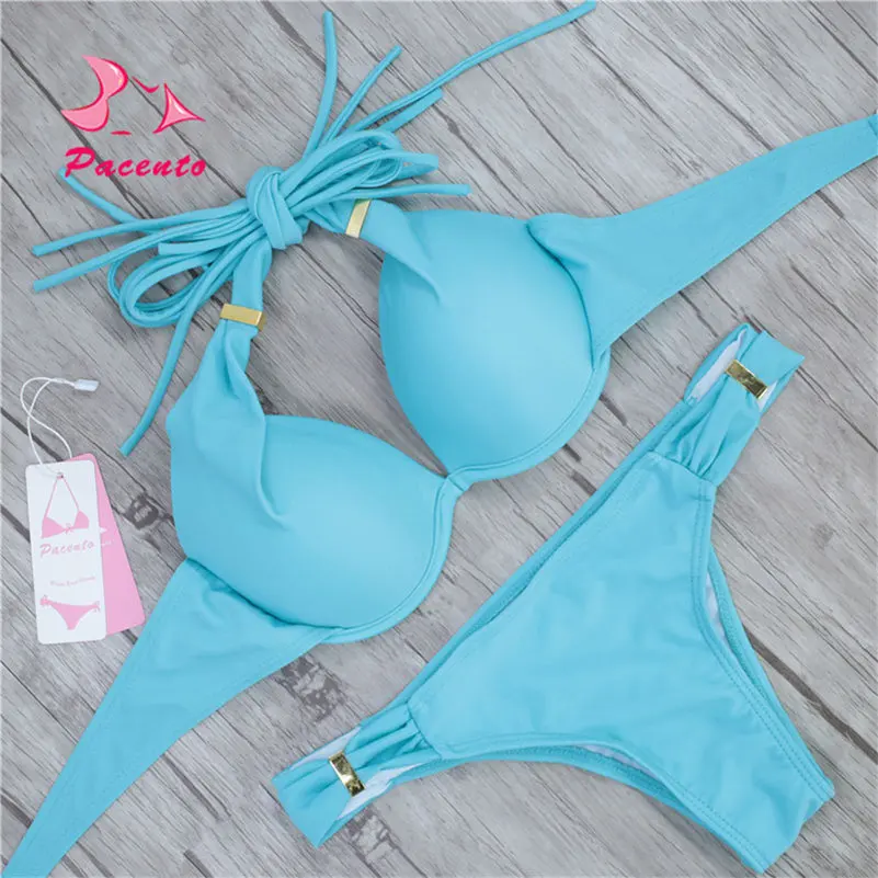 Pacento Bikinis Set Solid Bikini Push Up Bra Bandage Swimsuit Plus Size
