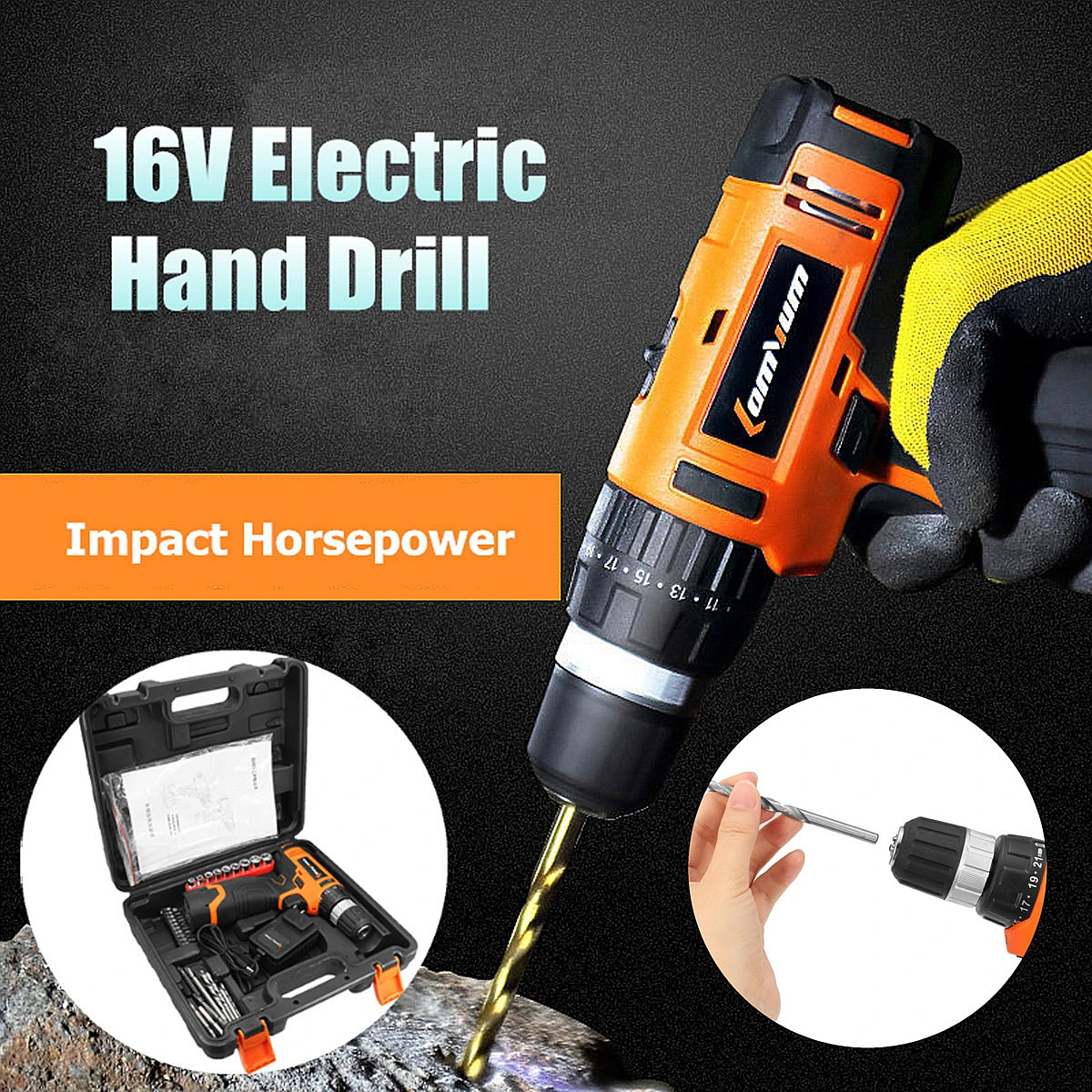 16v 1200rpm Electric Cordless Drill Driver Bits Lithium Battery Speed