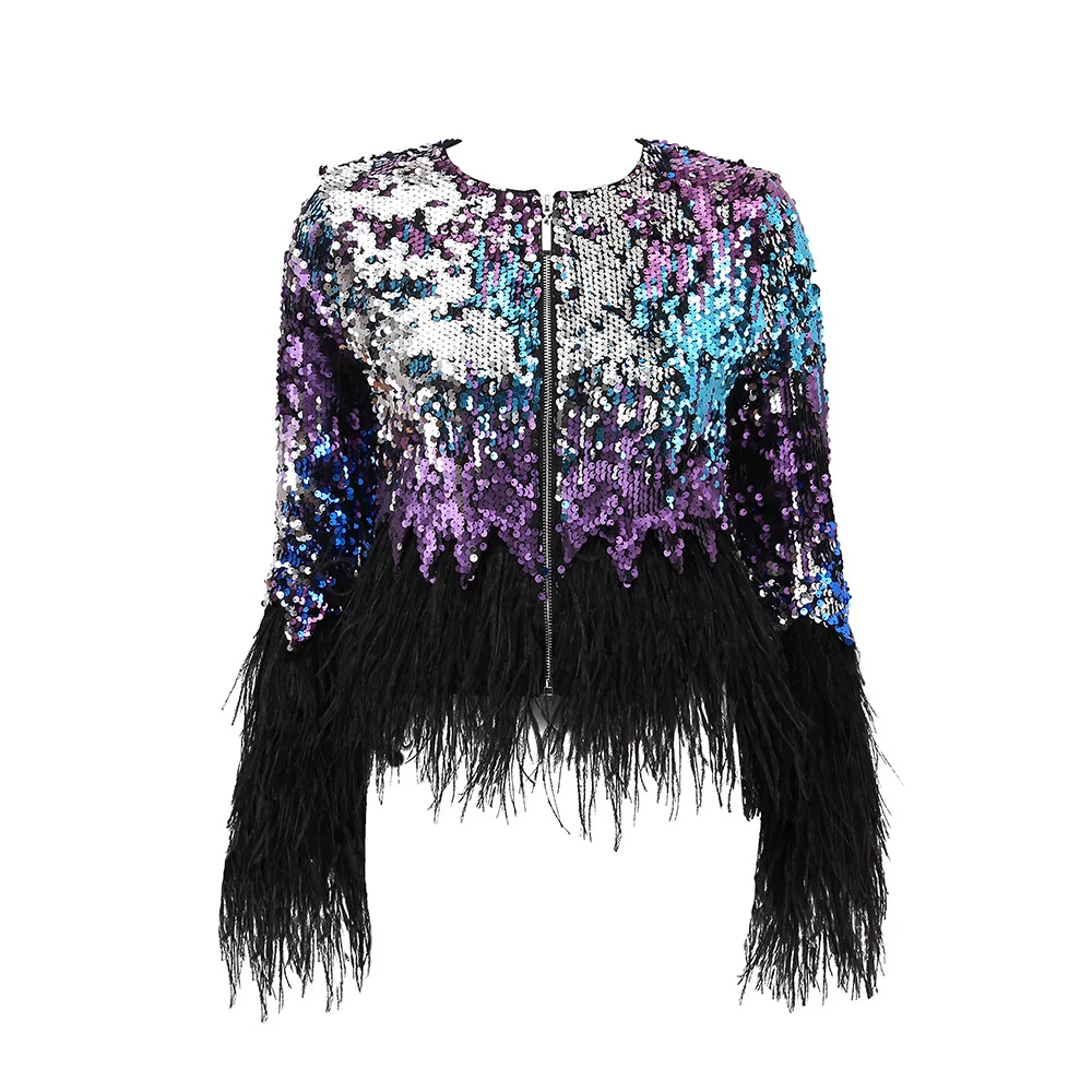 Ladies Colorful Jackets Slim Ostrich Feather Patchwork Fashion ...