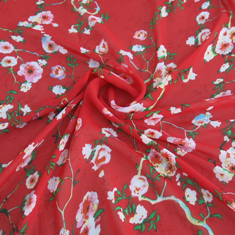 Fancy Red Background 75d Print Chiffon Cloth Plum Blossom Pattern ...