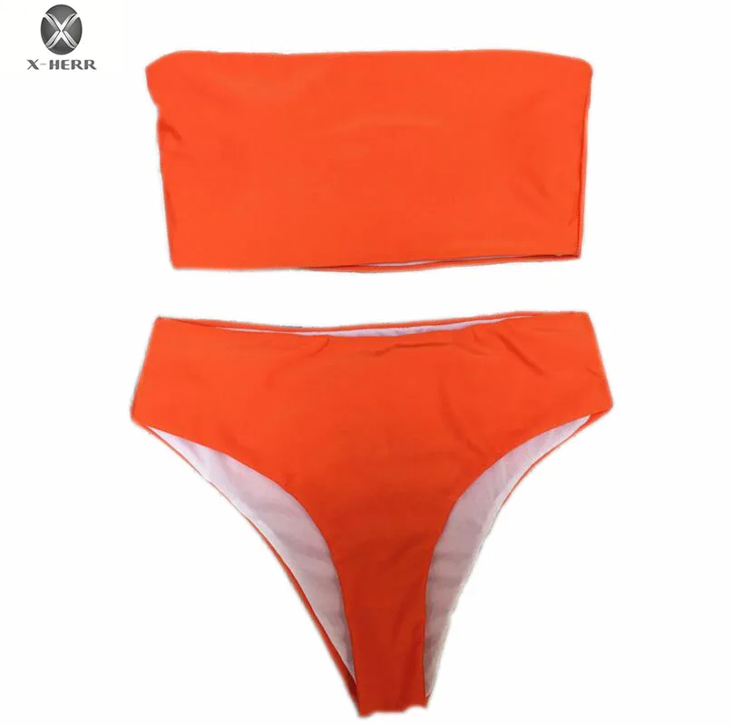 X Herr Strapless Bandeau Bikini Set Swimwear For Women Wireless Padded High Waist Swimwear Women