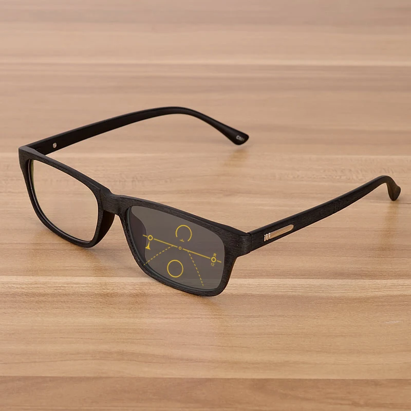 Mincl Retro Wood Grain Multi Focus Reading Glasses Square Photochromic 