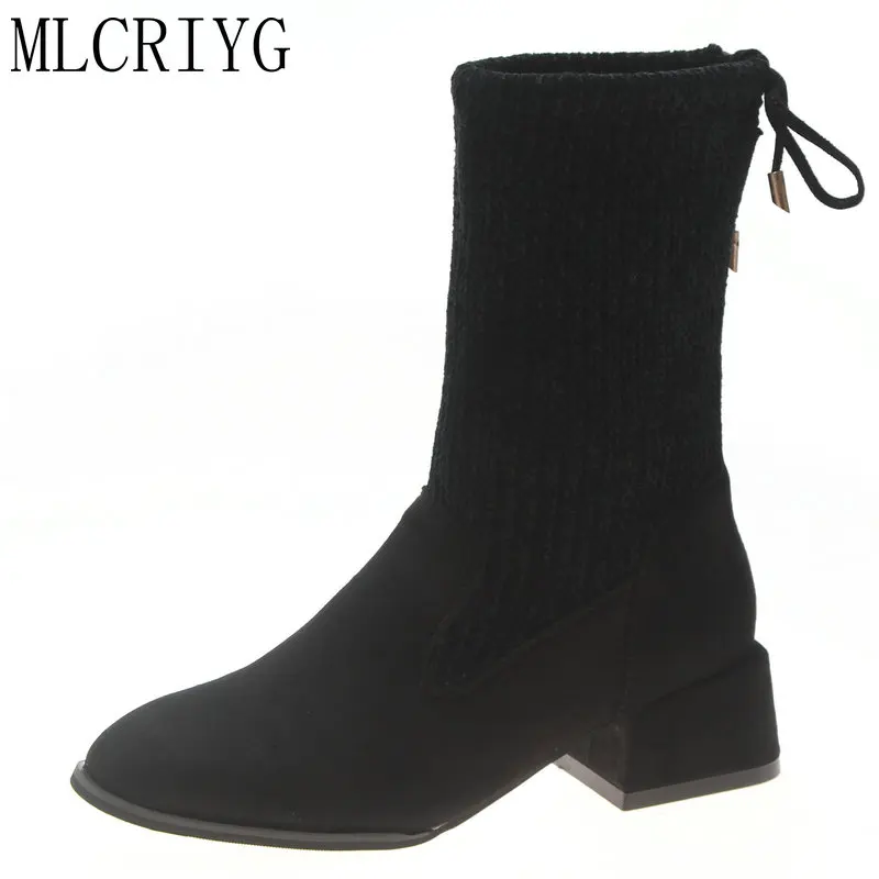 2018 New Fashion Autumn Mid Calf Womens Boots Square Med Heels Lace Up