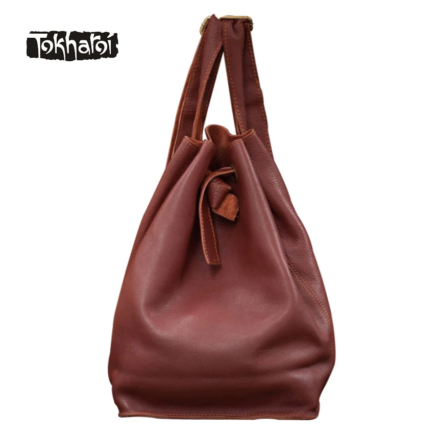 Tokharoi Brand Genuine Leather Women Backpack Fashion String Open ...