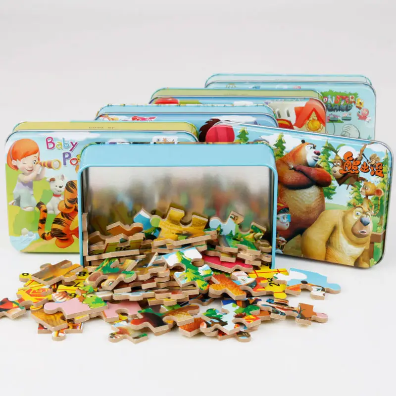 Kids Toys 60 pcs/set Iron Box Wooden Puzzles Child's Jigsaw Puzzle ...