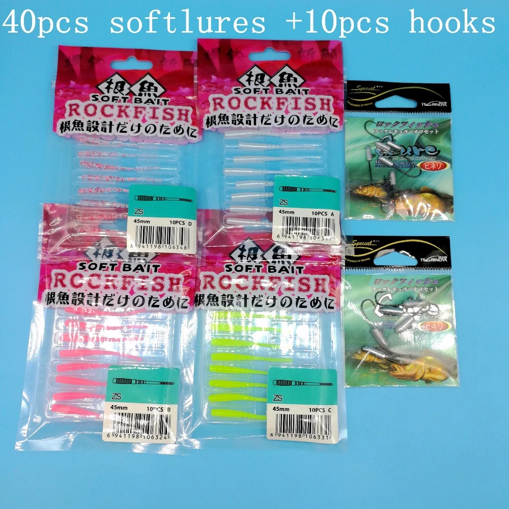 Tsurinoya 50pcs/lot New Ajing Fishing Lure 40pcs Soft Lure+10pcs Hooks ...
