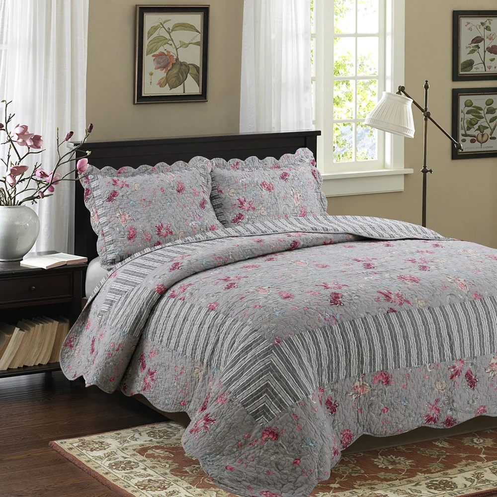 CHAUSUB Quality Cotton Quilt Set 3pcs King Size Patchwork Bedspread