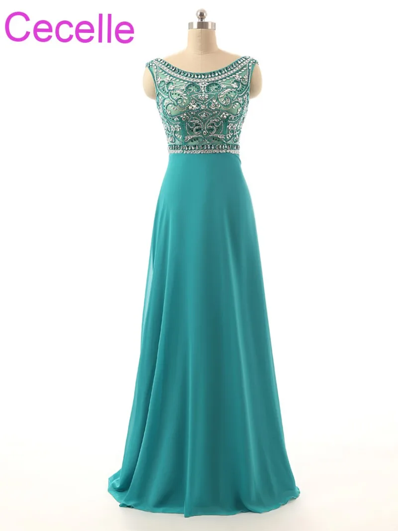 Turquoise A line Long Prom Dresses 2019 Beaded Top Chiffon Skirt Teens ...
