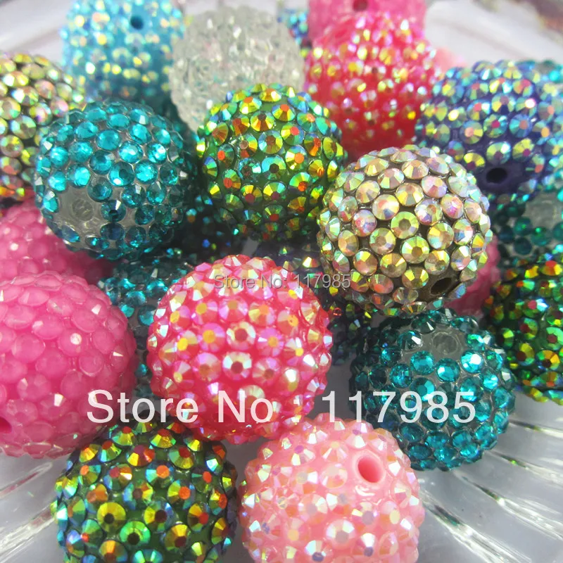 100Pcs Round Chunky Bubblegum Beads Resin Rhinestone Ball Beads 14mm ...