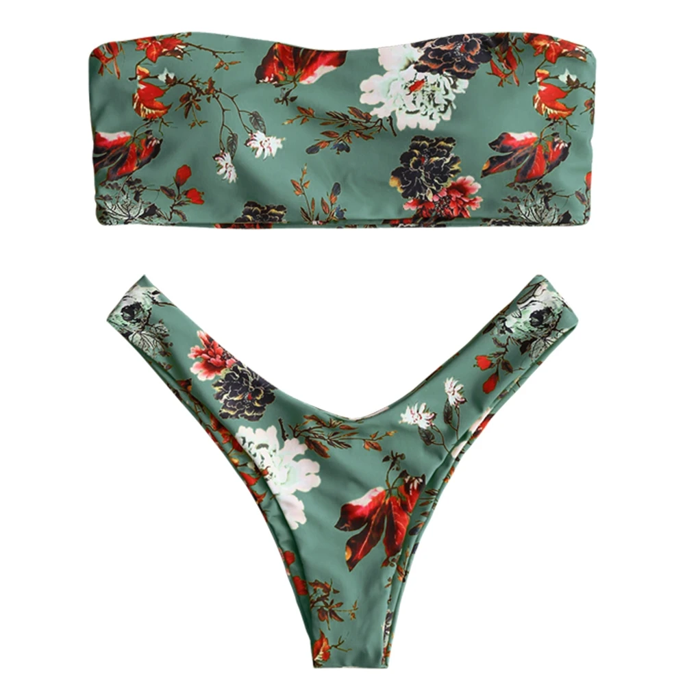 Women Sexy Floral Bandeau Thong Bikini Set Women Swimsuit Swimwear ...