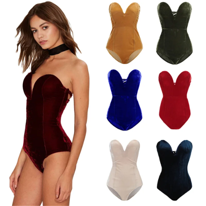 Black Velvet Sexy Backless Spring Autumn Bodycon One Piece Body Mujer