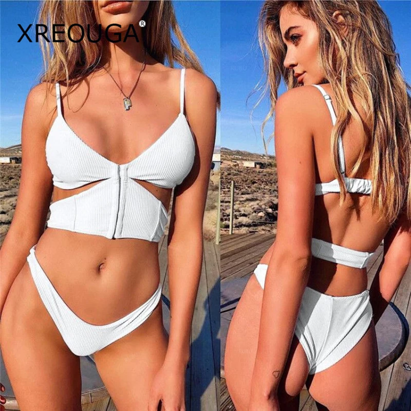 Xreouga White Front Zipper Bikinis Set Women Low Waist Tankini Hollow
