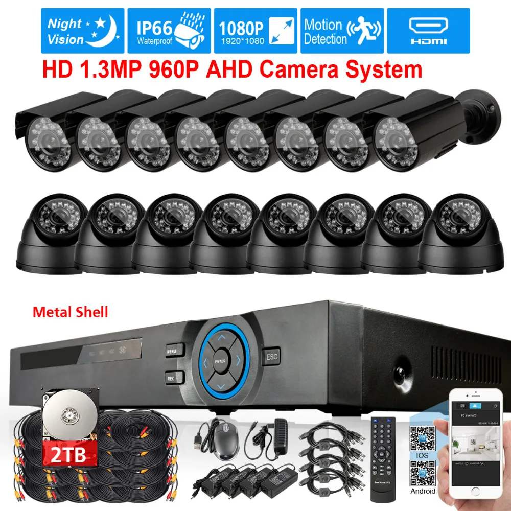 AHD 16CH CCTV System 1080P HDMI DVR 16pcs 960P in/Outdoor IP66 ...