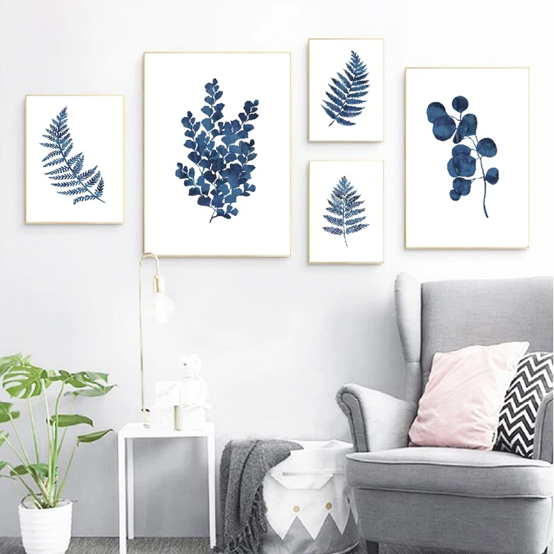 Ink Blue Fern Prints Watercolor Indigo Leaf Botanical Art Canvas ...