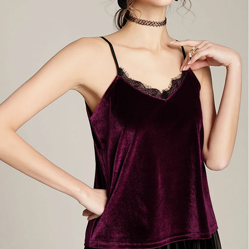 Sexy Velvet Tank Top Spaghetti Straps Adjusted Camis Lace Neckline Tops