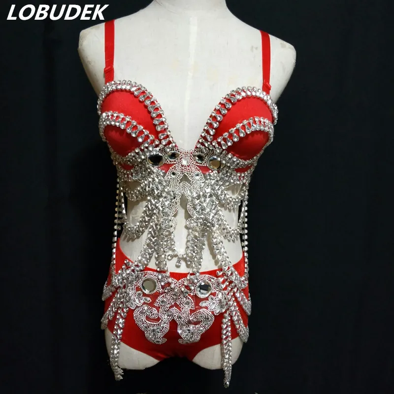 Sparkly Rhinestones Bikini Costumes Nightclub Female Singer Dancer Pole