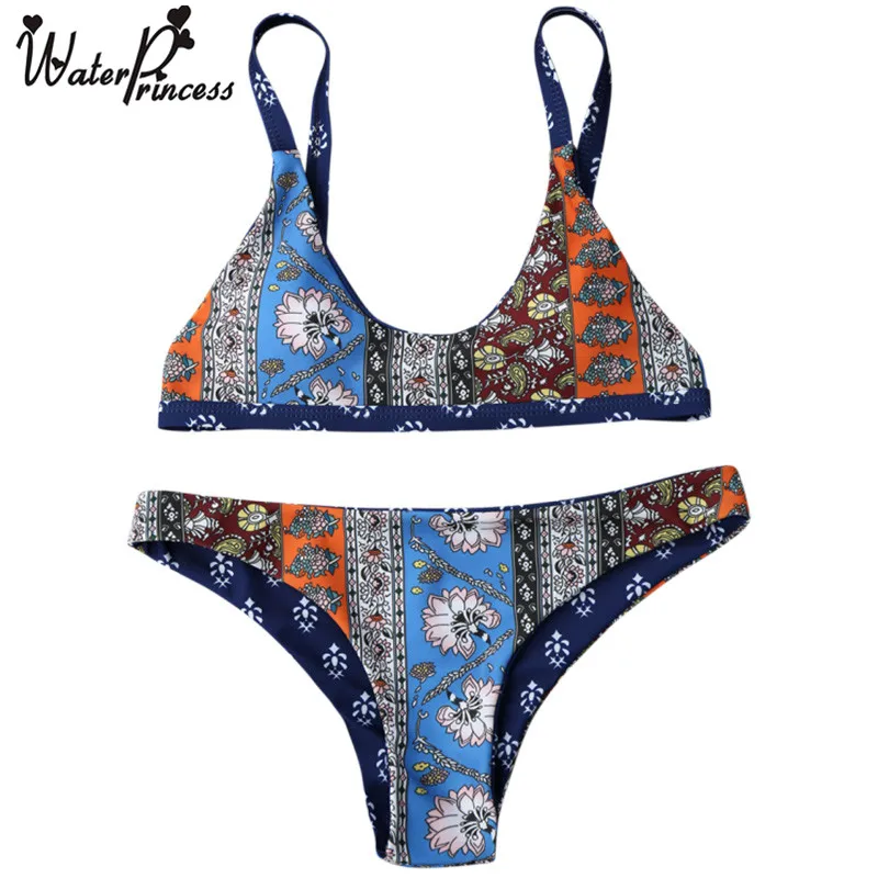 Water Princess Bikini Set 2017 Patchwork Print Floral Bralette Scoop