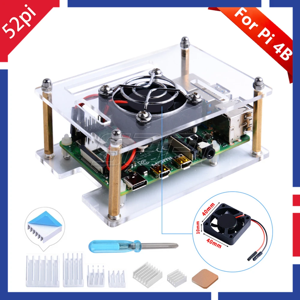 52pi Acrylic Clear Transparent Case Enclosure Cover For Raspberry Pi 4 Model B, With Cooling Fan ...