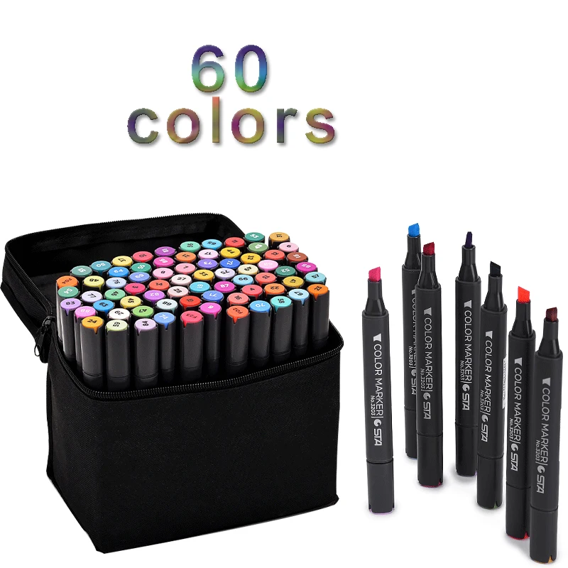 Sta Markers 60 Pcs Set Colors Double Headed Alcohol Sketch Marker Pen ...