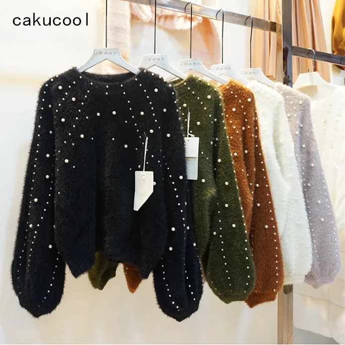 Cakucool Hot Women Pearl Beading Sweaters Long Lantern Sleeve O Neck
